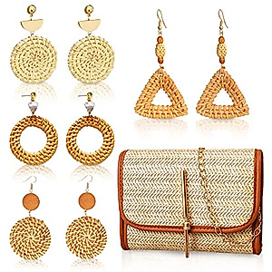 Straw Bag for Women Beach Purse Shoulder Bag Hand Woven Straw Clutch Summer Crossbody Bag with 4 Pairs Rattan Earrings Lightweight Statement Straw Earrings
