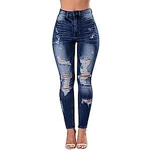 AMRSPENG Women's Ripped Jeans for Women High Waisted Jeans Distressed Jeans for Women Stretch Denim Pants Dark Blue Size 12