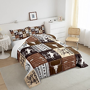 Manfei Western Cowboy Comforter Set Queen Size, Bull Skull Horse Arrow Print Quilt Set with 2 Pillowcases, Geometric Grid Brown Plaid Print Bedding Set 3pcs for Kids Boys Teens Bedroom Decor