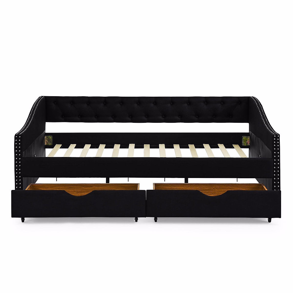 Flieks Linen Upholstered Full Daybed with Two Storage Drawers, Full Size Button Tufted Sofa Bed Daybed with Nailhead Trim and Wood Slat Support (Black)