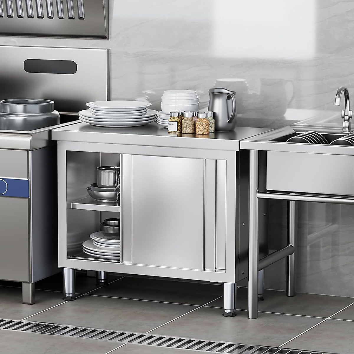 ZZV Stainless Steel Work Table Cabinet with 2 Sliding Doors, 39" x 19" Commercial Kitchen Work Table for Prep & Work, Heavy Duty Prep Table with 2-Layer Cabinet for Home, Restaurant, Garage, Warehouse