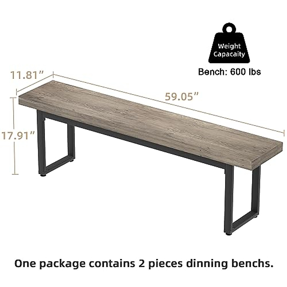 STHOUYN 59” Dining Bench Pair of 2 for 6-8 Person, Farmhouse Indoor Kitchen Table Benches, Bed Bench, Industrial Shoe Bench, Entryway Benches (Grey 2pcs)