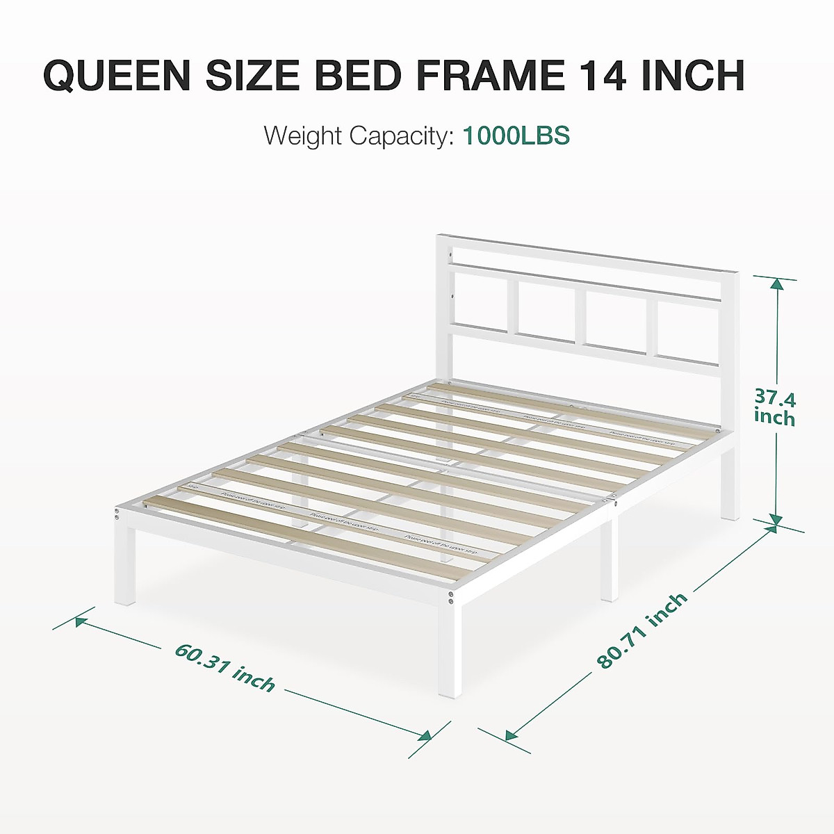 Novilla 14 Inch Queen Bed Frame with Headboard, No Box Spring Needed, Metal Platform Bed Frame Queen Size, Heavy Duty, Under Bed Storage, Easy Assembly, White
