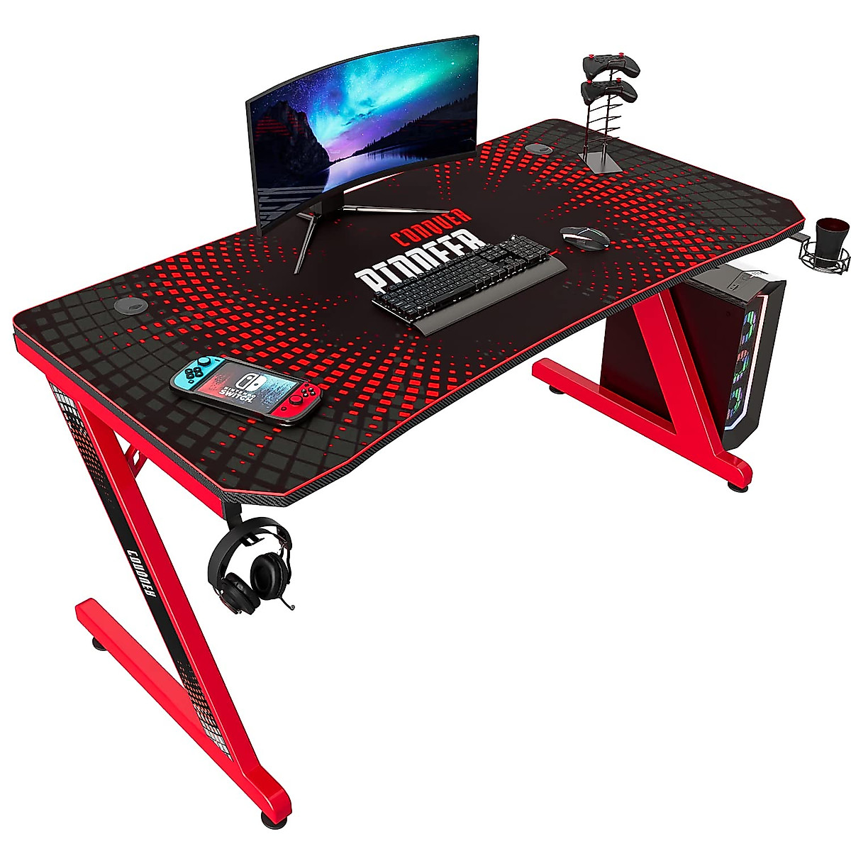 Devoko Gaming Desk Computer Gaming Desk Z-Shaped Pc Gaming Desk with Carben Fiber Surface Gamer Desk with Free Mouse Pad Home Office Desk with Cup Holder and Headphone Hook (55 inch, Red)