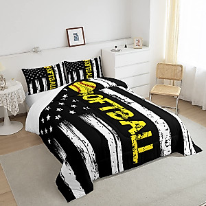 USA Flag Comforter Set Baseball Softball Bedding Set Full,White Black Striped Stars Quilted Duvet Sports Ball Game Down Comforter Retro Style for Kids Boys Teens Men Bedroom Décor with 2 Pillow Cases