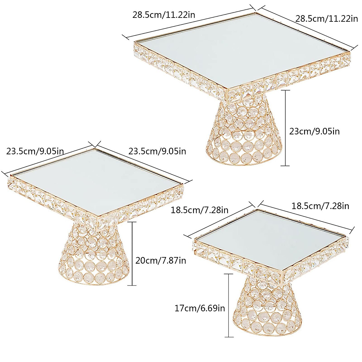 3 Piece Crystal Cake Stands, Gold Round Crystal Cupcake Stand with Square Tray Present Dessert Stands for Wedding Brithday Party Celebration Dessert Display(3Pcs/ Gold Square)