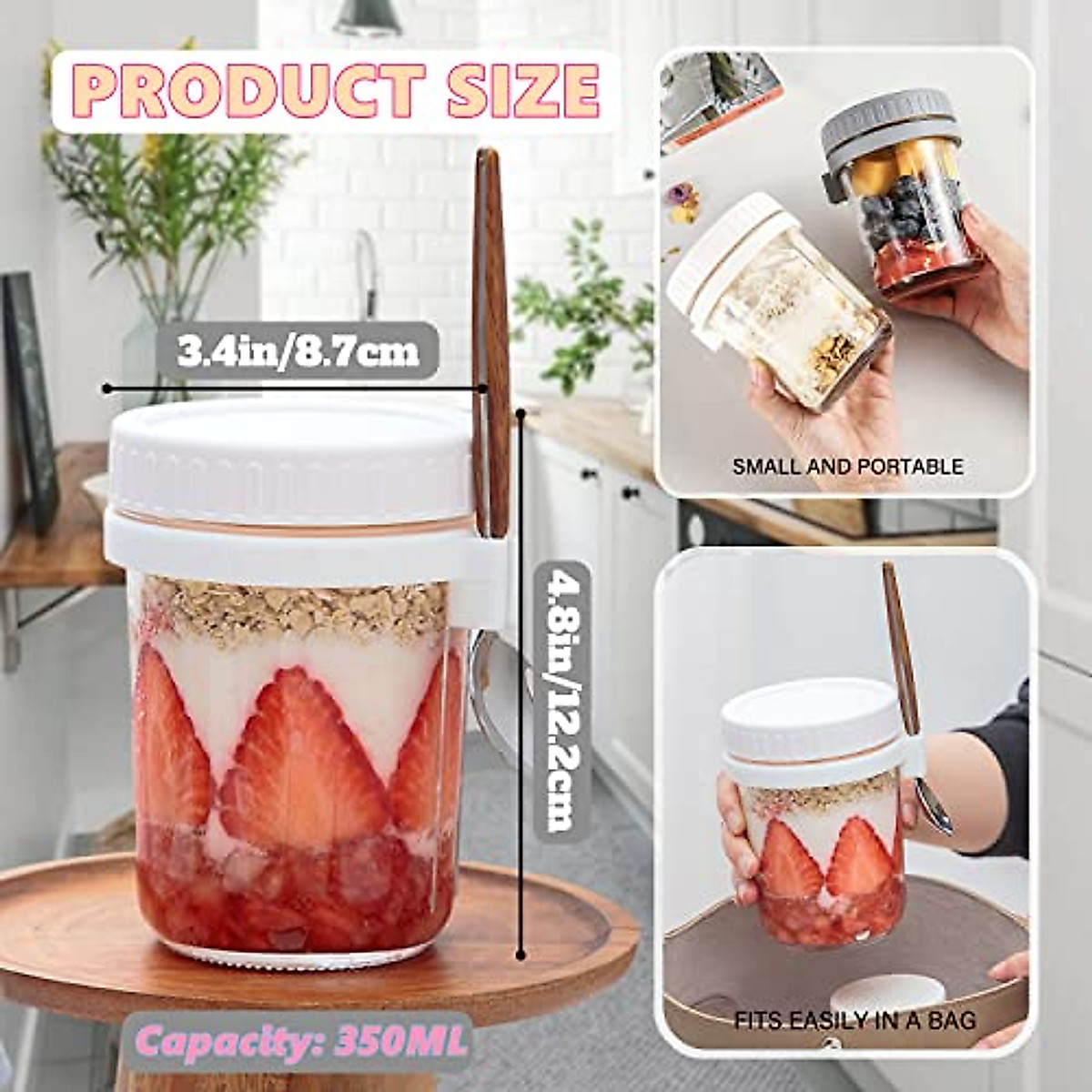 KISCVXE Overnight Oats Containers with Lids and Spoon,Overnight Oats Jars,10 Oz Cereal Dispenser,with Measurement Marks,Cereal, Milk, Vegetable Fruit Salad Storage Container 2PCS