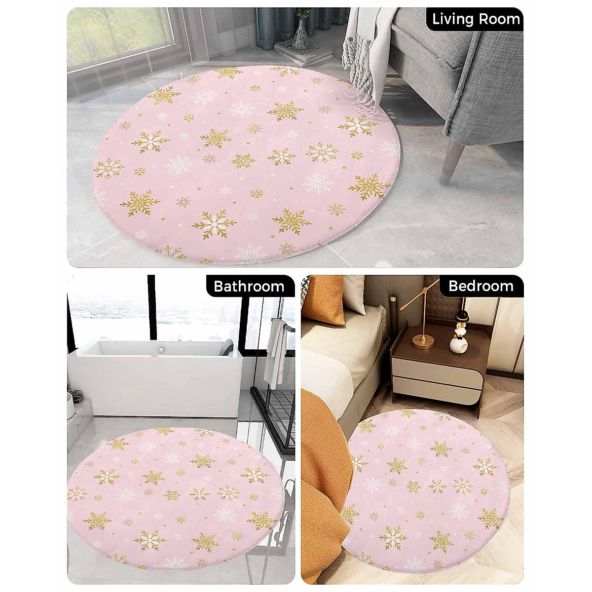 Blush Pink Snowflake Fluffy Round Area Rug Carpets 3.3ft, Plush Shaggy Carpet Soft Circular Rugs, Non-Slip Fuzzy Accent Floor Mat for Living Room Bedroom Nursery Merry Christmas Romantic Gold White
