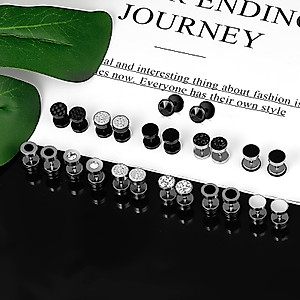 ONESING 12 Pairs Faux Gauge Earrings for Men Black Stud Earrings Silver Mens Earrings Faux Plugs Stainless Steel Earrings Set with Gift Box
