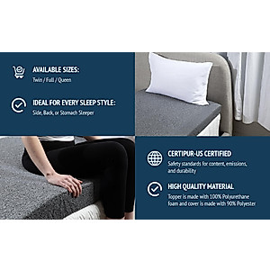 SweeMate 4 Inch Memory Foam Mattress Topper - Body Cooling - Breathable - Removable Cover - CertiPUR-US Certified - Twin/Full/Queen (Twin), Gray