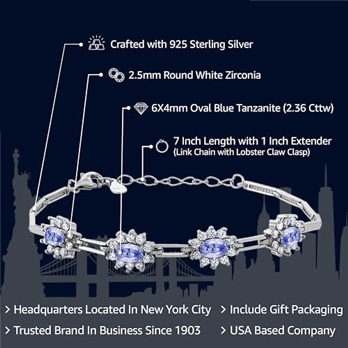 Gem Stone King 925 Sterling Silver Tanzanite Tennis Bracelet For Women (2.36 cttw, Gemstone Birthstone, 7 Inch With 1 Inch Extender)