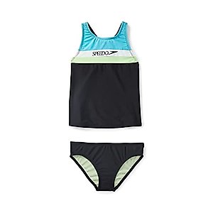 Speedo Girls' Standard Swimsuit Two Piece Tankini Thick Strap, Anthracite, 14