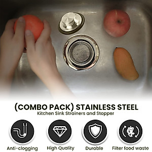 (Combo Pack) Stainless Steel Kitchen Sink Strainer and Stopper - 4.5” x 2.75” x 1” Strainer and 3.35” x 1.18” Stopper- Strainer with 2 mm Holes and Stopper with Strong Rubber Seal and Round Knob Grip
