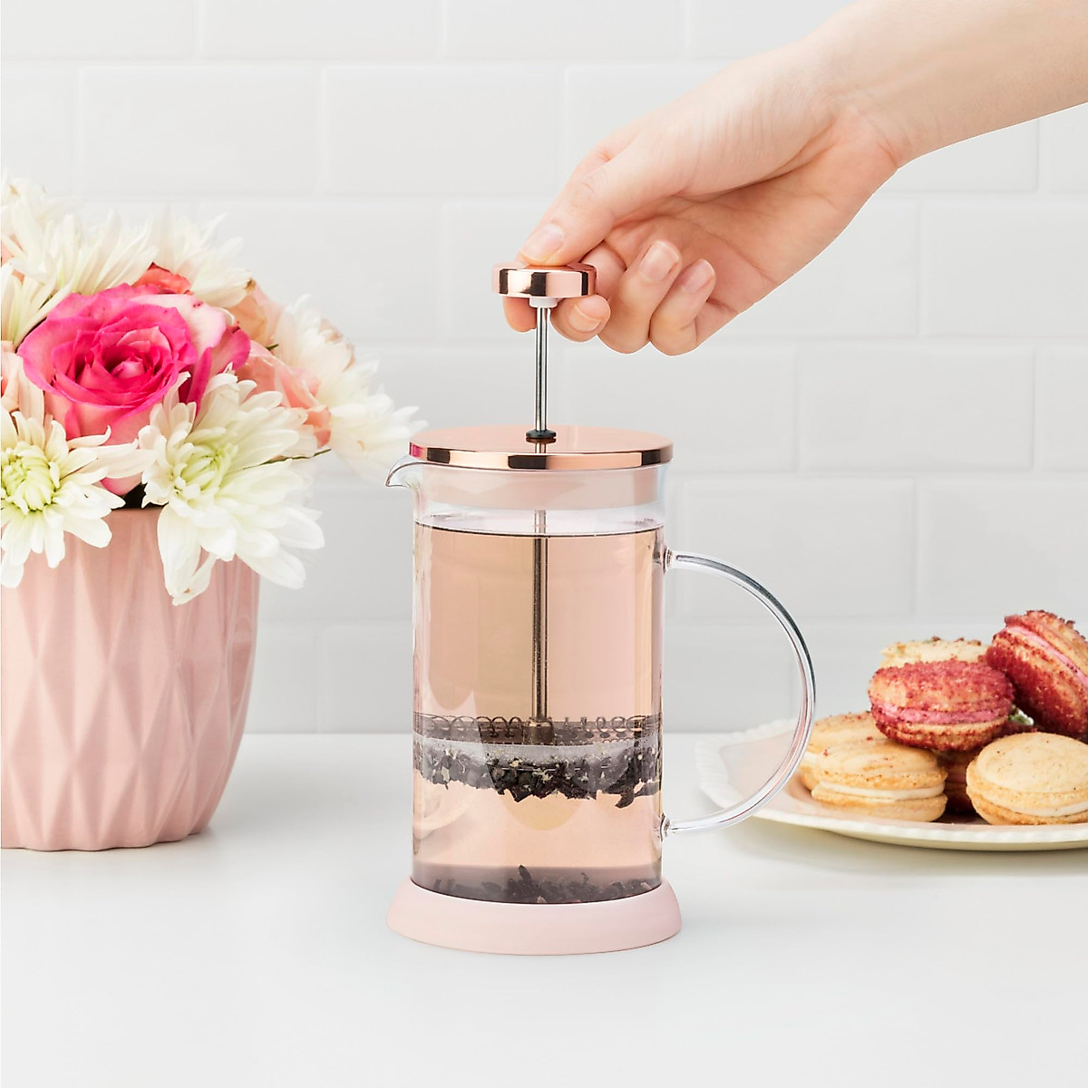 Pinky Up Riley Mini Glass Tea Press Pot, Coffee Maker, French Press for Loose Leaf Tea and Coffee, Hot or Iced Beverage Brewer, 12 oz, Pink