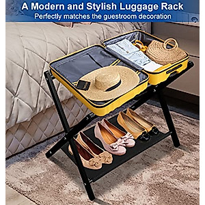Queension Folding Luggage Rack Stand with Shelf for Guest Room, Foldable Metal Suitcase Storage Caddy Holder for Bedroom Hotel Essentials, Black, 1pack
