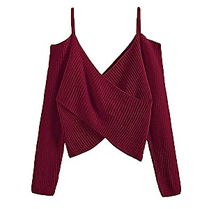 ZAFUL Women's Cold Shoulder Twist Knot Pullover Sweater V Neck Criss Cross Long Sleeve Cami Knitted Jumpers Crop Tops