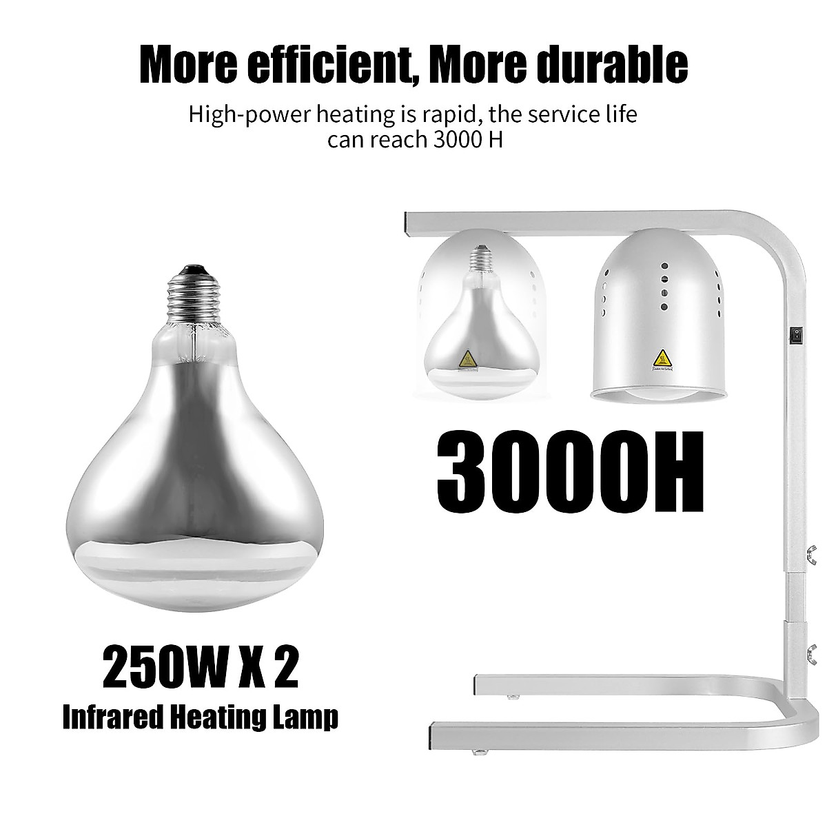 VORIGY Heat Lamp for Food, with Two 250W Bulbs for Fast and Even Heating, Food Heat Lamp with Adjustable Height Stand, Commercial Food Warmer Lamp for Home, Fast Food Restaurant, Buffet, Bakery Silver