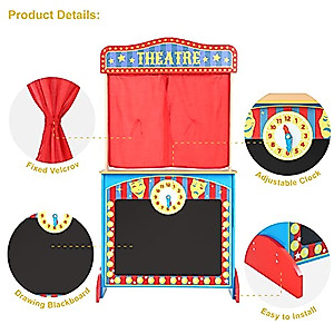 CHIUHEI Deluxe Wooden Puppet Theater with Curtains, Blackboard and Clock, Double-Sided Play Store 3-8Y & Kid Puppet Show Theater with 2 Hand Puppets and 4 Finger Puppets for Toddlers 1-3