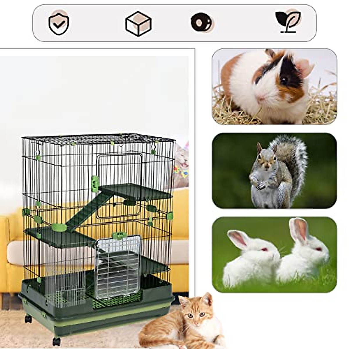 Origeture 4-Level 32" Metal Small Animal Cage Height Adjustable Rabbit Chinchilla Ferret Bunny Cage with Lockable Casters Grilles Slide-Out Tray for Guinea Pig Squirrel Hedgehog (Green)