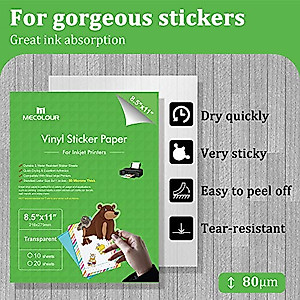 MECOLOUR Premium Printable Vinyl Sticker Paper Transparent 20 Clear Sheets, No-waterproof, Vivid Colors, Tear Resistant - for Any Inkjet Printer