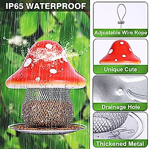 Red Bird Feeders, Mushroom Solar Bird Feeder for Outdoor Hanging, Metal Bird Feeder for Cardinal, Finche, Blue Jays, Chickadee, Sparrow and Wild Birds 3.5 lbs Seed Capacity, Gift for Bird Lovers