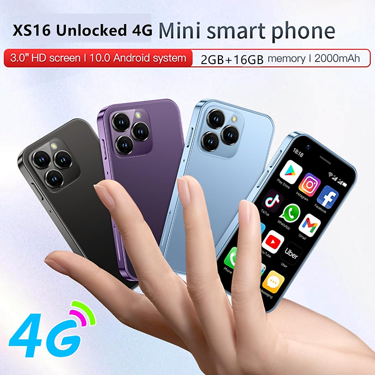 XS16 Mini 4G Smartphone 3.0 Inch Quad Core Dual Sim Ultra Thin Unlocked Android 10.0 Card Mobile Phone WiFi Bluetooth Hotspot Student Pocket Cellphone (Blue 2GB+ 16GB)