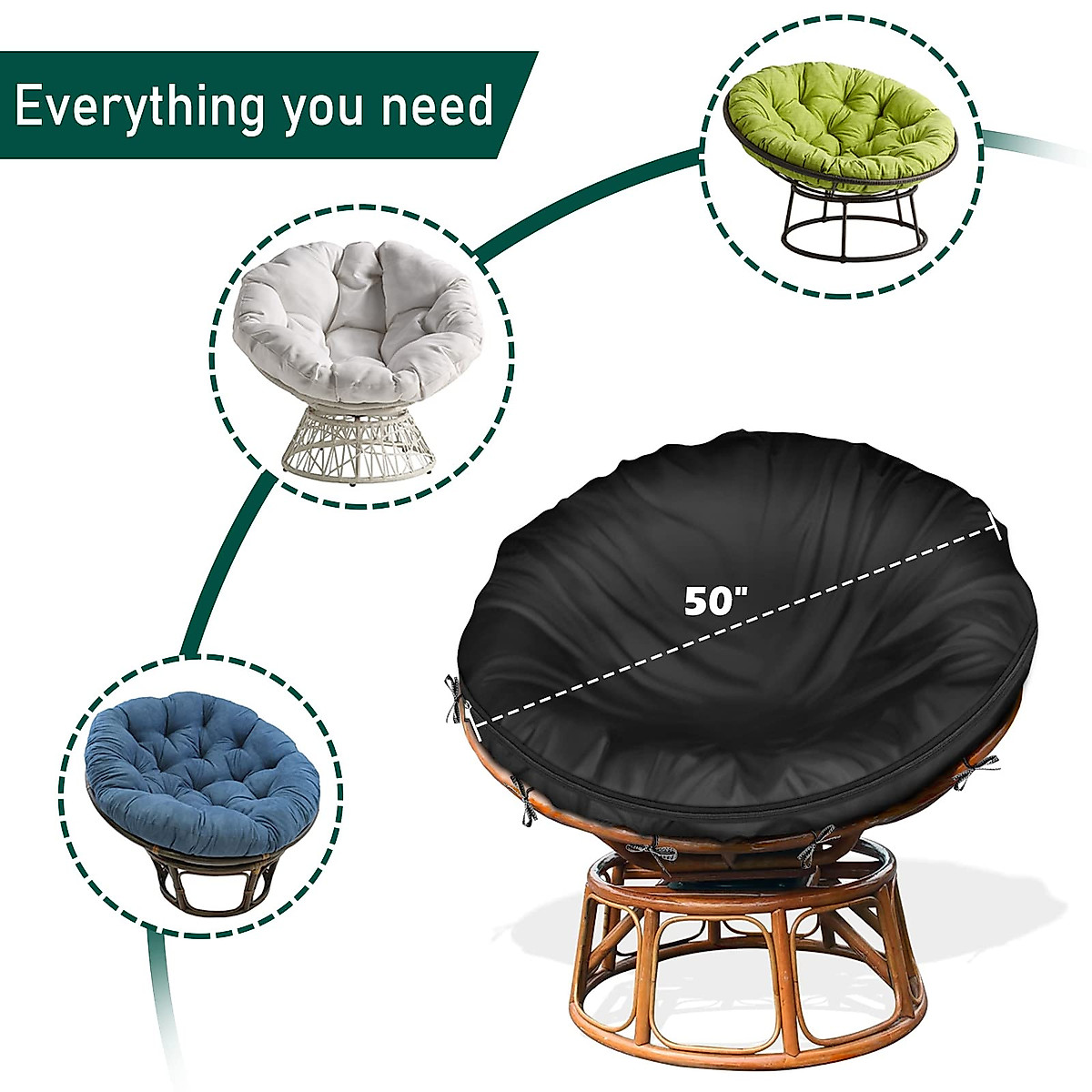 Iceberg Elf Outdoor Papasan Cushion Cover Only,(for 40in-50in Papasan Cushion Cover Waterproof) Black, Zipper Design for Easy Closure and Removal, Silky Smooth Fabric