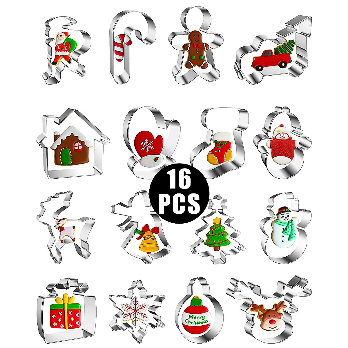 16 Pcs Christmas Cookie Cutters Winter Set with Decorating Instructions Stainless Steel Gingerbread Man Tree Snowflake Candy Cane Santa Snowman And More