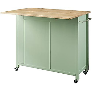 Crosley Furniture Savannah Wood Top Drop Leaf Rolling Kitchen Island Cart with Spice Rack and Shelves, Mint