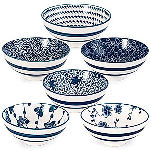 Foraineam 6 Pieces Blue and White Floral Rice Bowl Set 8 oz Japanese Style Cereal Bowls, Assorted Designs