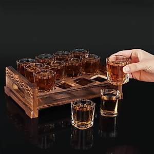 Vivimee Shot Glass Holder Set with 12 Clear Shot Glasses, 2.3 oz Square Shot Glasses Set with Rustic Burnt Wood Serving Tray, Crystal Shot Glass for Whiskey, Tequila, Liqueurs, Party & Collection