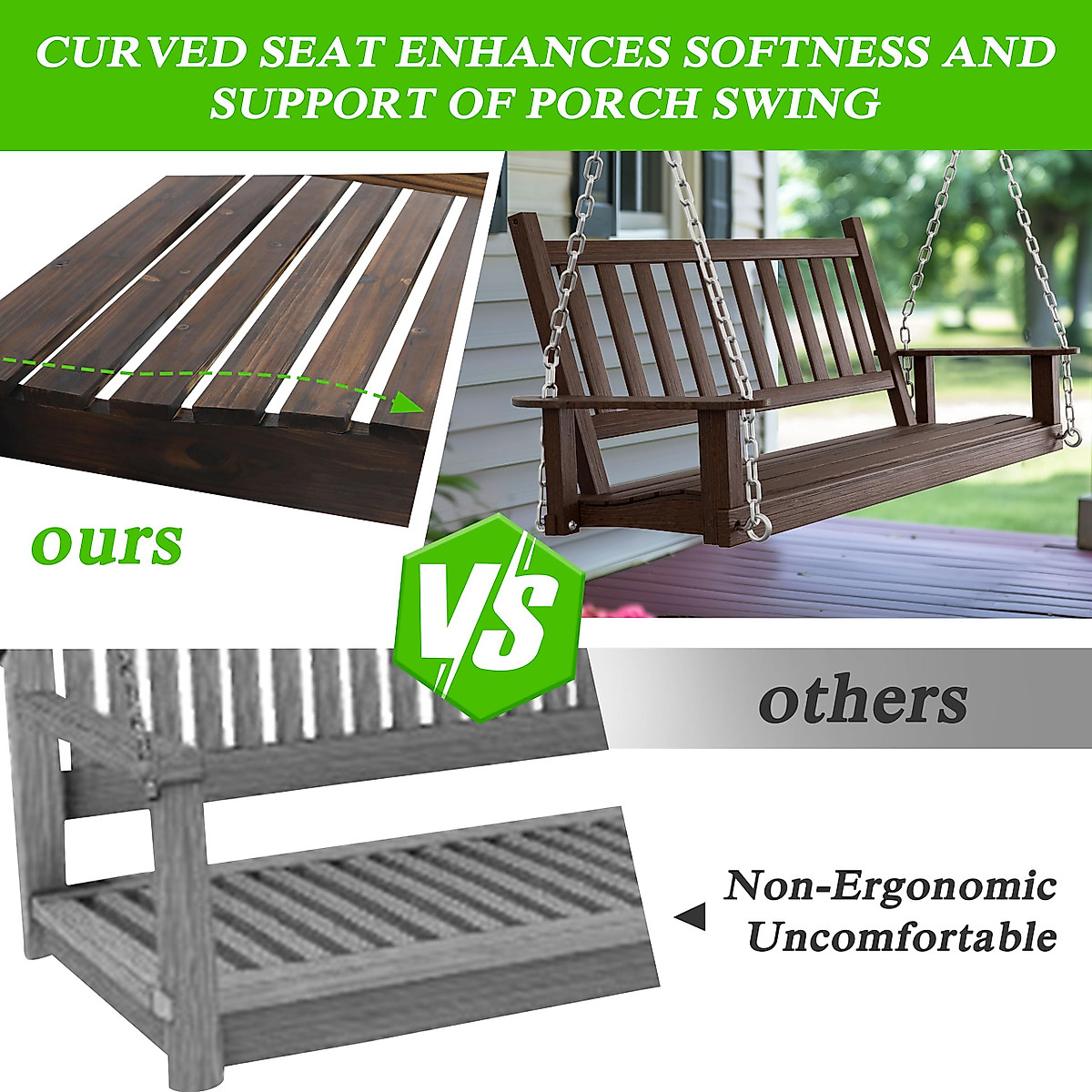 VEIKOU Wooden Porch Swing, 4FT Patio Swing with Hanging Chains, Armrest, Heavy Duty 550lbs, Outdoor Swing for Patio Garden Yard, Rustic