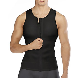 Wonderience Compression Shirts for Men Undershirts Slimming Body Shaper Tank Top Vest with Zipper (Black, Large)