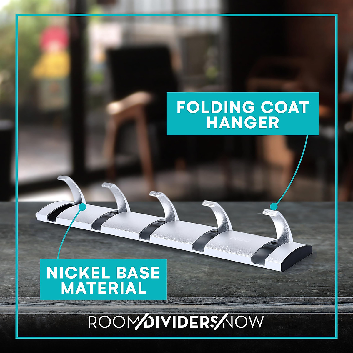 Room/Dividers/Now | Coat Hanger Wall Mount with 5 Retractable Hooks - Space-Saving Wall Coat Rack - Aluminum Hook - Low-Profile Hanging Solution for Home Decor and Organization - Silver