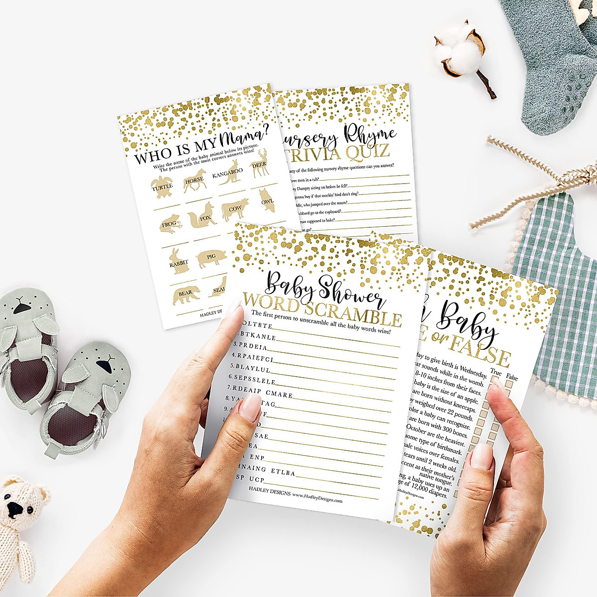 25 Gold Word Scramble For Baby Shower, 25 True Or False Game, 25 Baby Animal Matching, 25 Nursery Rhyme Game - 4 Double Sided Cards Baby Shower Ideas, Baby Shower Party Supplies