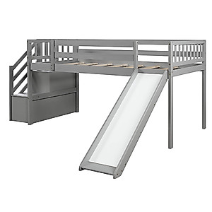Low Loft Bed with Stairs for Kids and Toddlers Wood Loft Bed Frame with Slide Twin Loft Beds with Stairway Storage for Boys Girls, Gray