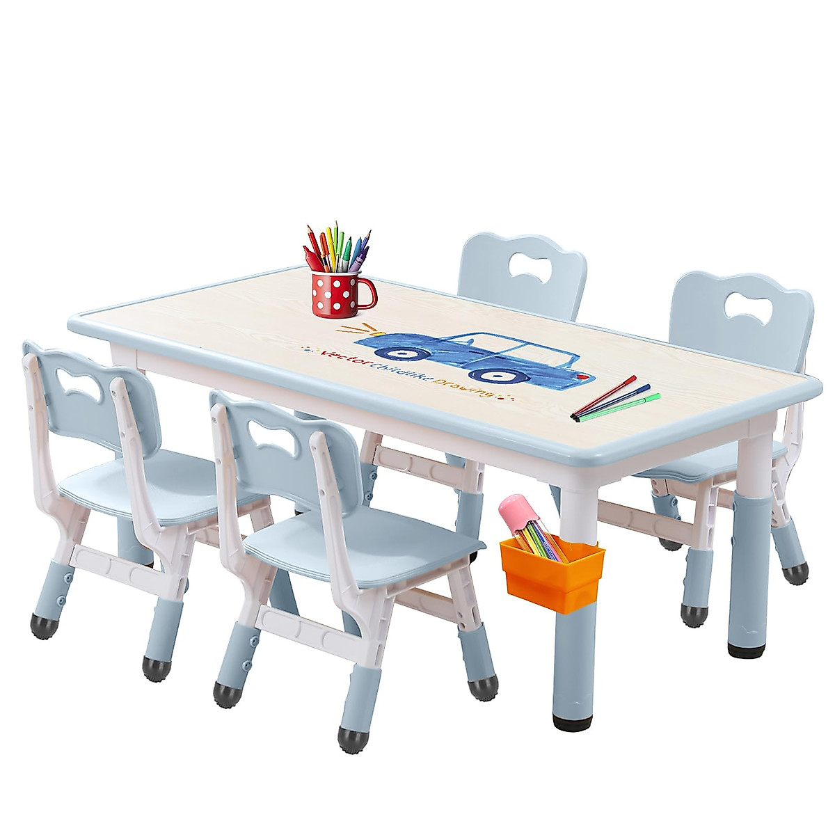 JIAOQIU Kids Table and Chair, Toddler Table and Chair Set, Adjustable Kids Table, Non-Slip Table Legs&Organizer, Graffiti Desktop, Suitable for Kids Table and Chairs Ages 3-12