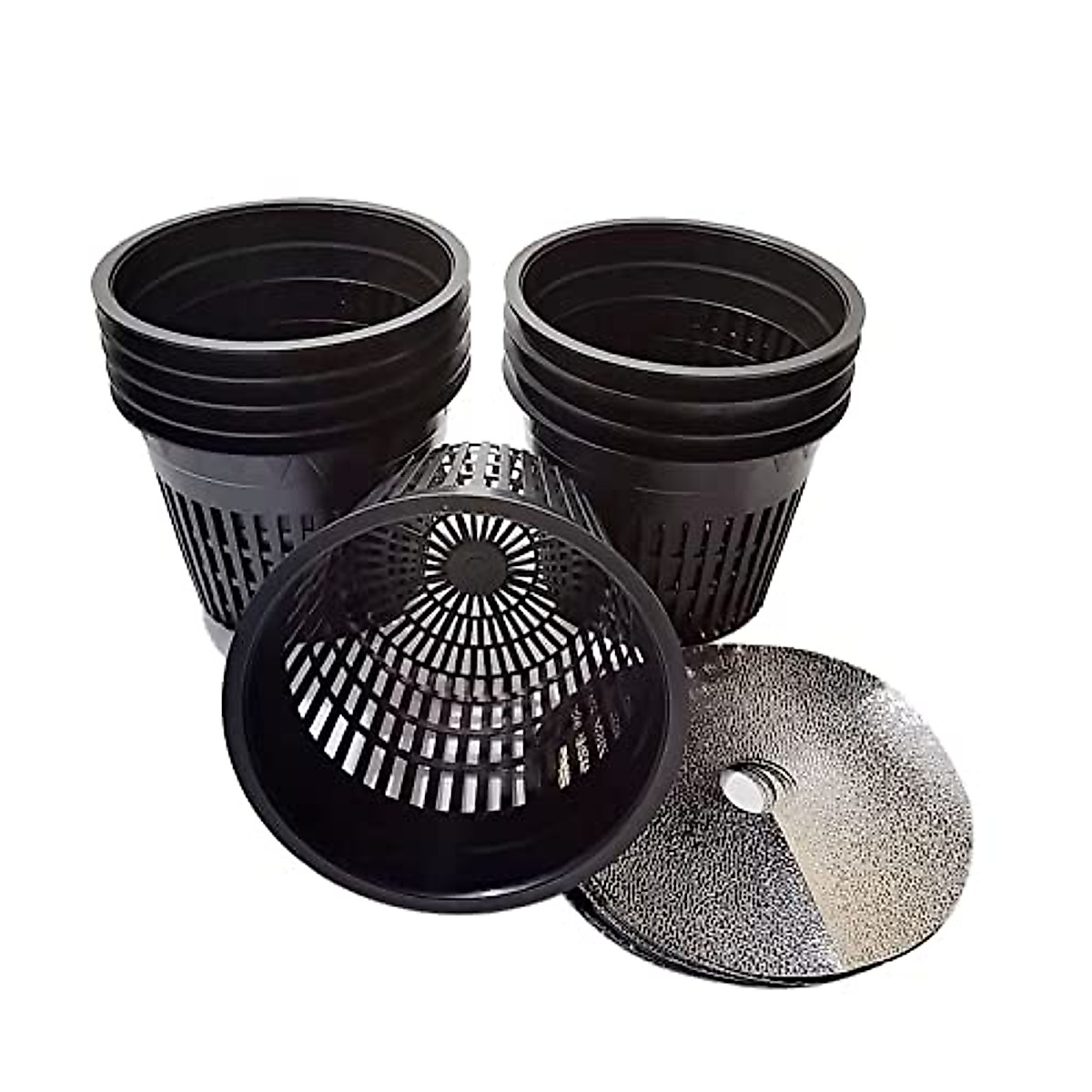 HORTIPOTS 5 Inch Net Pots Raised Center Bottom Mesh Side Wide Rim Round Cup with Free Reflective Top Lids for Hydroponics Systems (Pack of 10, Black)