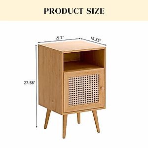 Xilingol Modern Rattan Nightstand, Boho Side Table with Handmade Rattan Decorated Door, Wood Bedside Table with Open Storage Shelf for Bedroom,Natural (no Charging Station, 1)