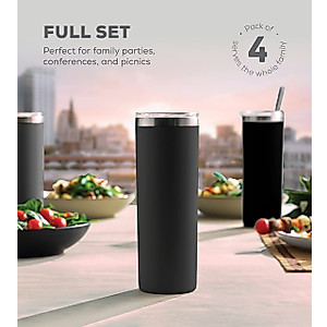 FineDine Insulated Skinny Stainless Steel Tumbler Set - 4-Pack 20oz Tumbler with Straw - Travel Coffee Mug With PBA Free Lids - Slim Vacuum Keep Hot & Cold - For Home, Office. (Inky Raven Black)
