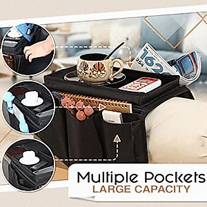 RNCOZE 2PCS Sofa Armrest Organizer with 5 Pockets, Hanging Couch TV Remote Storage Organizer with Cup Holder Tray, Sofa Slipcover Organizer Sofa Couch Armchair Caddy Holder (Black)