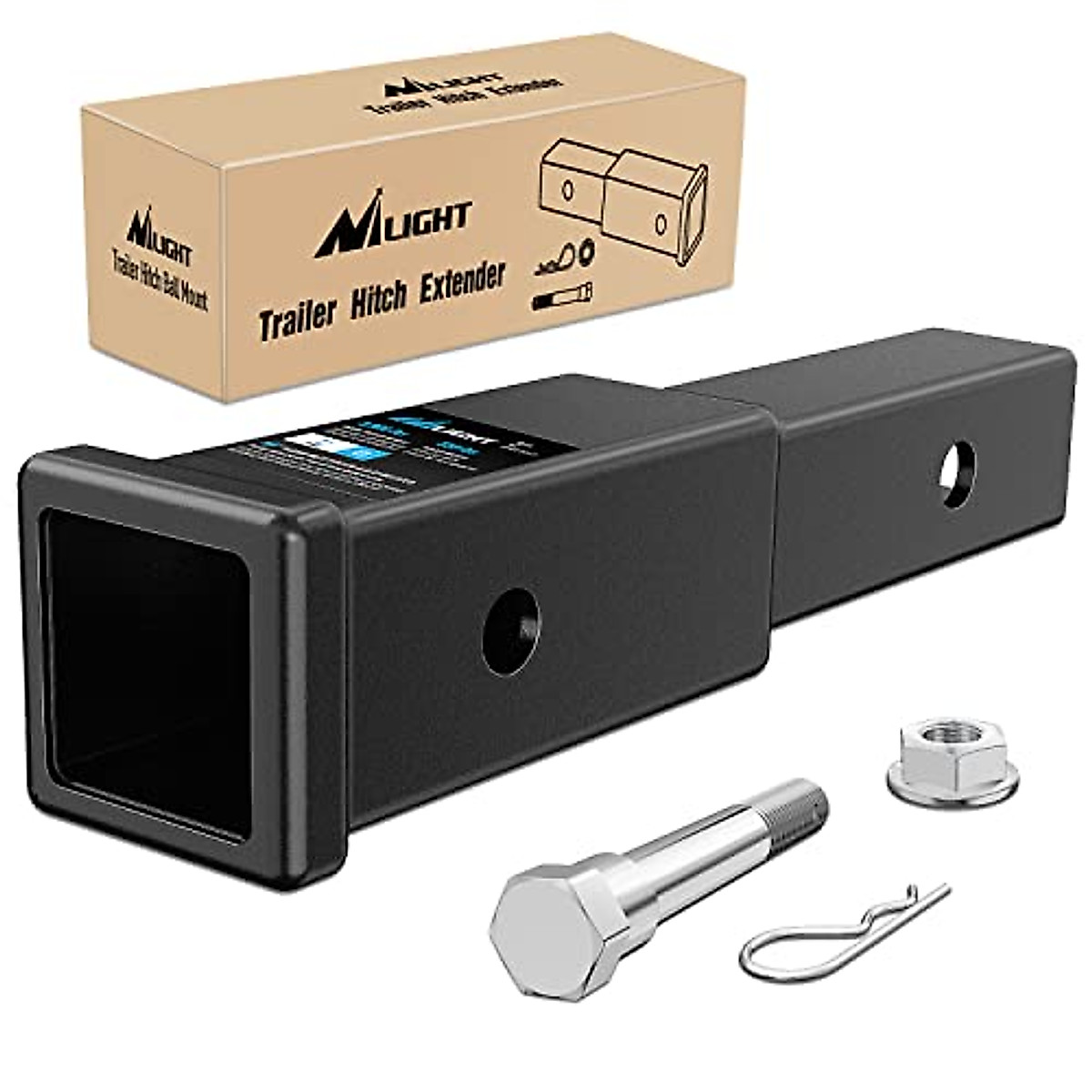 Nilight Trailer Hitch Extender 7 inch Extension Length Fits for 2 inch Receiver Tube with 5/8 inch Stainless Steel Bolt Flange Nut and Clip 3,500 lbs GTW Matte Black, 2 Years Warranty