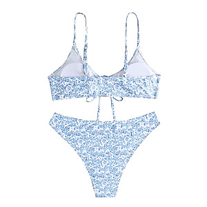 SOLY HUX Women's Floral Print Tie Front Bikini Bathing Suit 2 Piece Swimsuits Blue White S