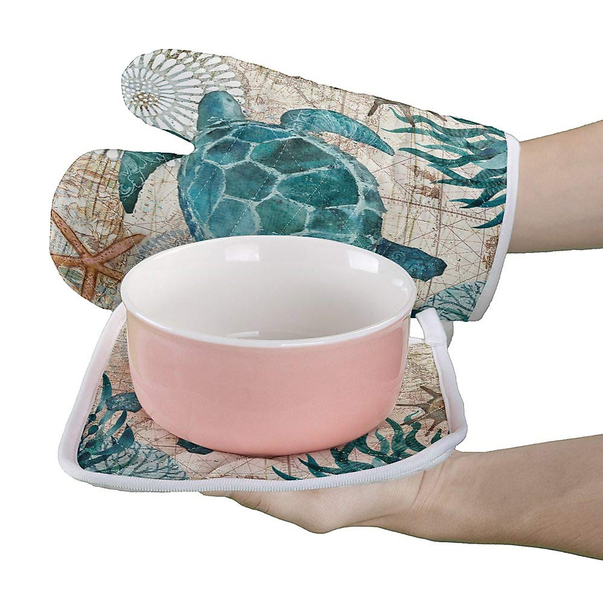 Set of Oven Mitt and Pot Holder,Sea Turtle Kitchen Mittens Heat Resistance Non-Slip Surface for Kitchen BBQ Cooking Baking Grilling,Sea Life Nautical Blue