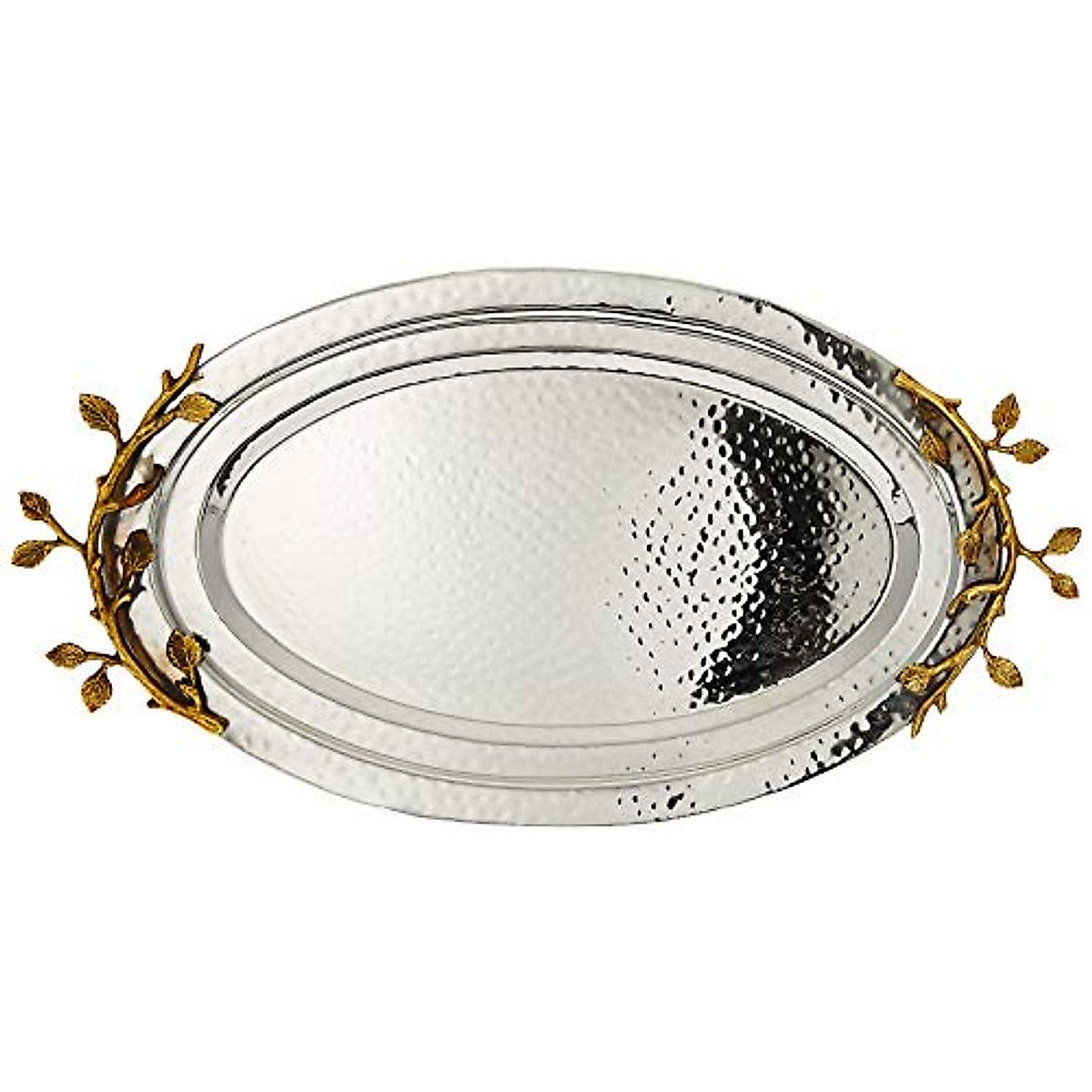 Elegance Golden Vine Hammered Stainless Steel Oval Tray, 16.5 by 10-Inch, Silver/Gold