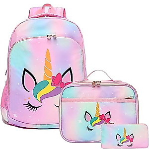 BIBDOO Kids Backpack for Girls with Insulated Lunch Box Toddler School Bag Set (Unicorn)