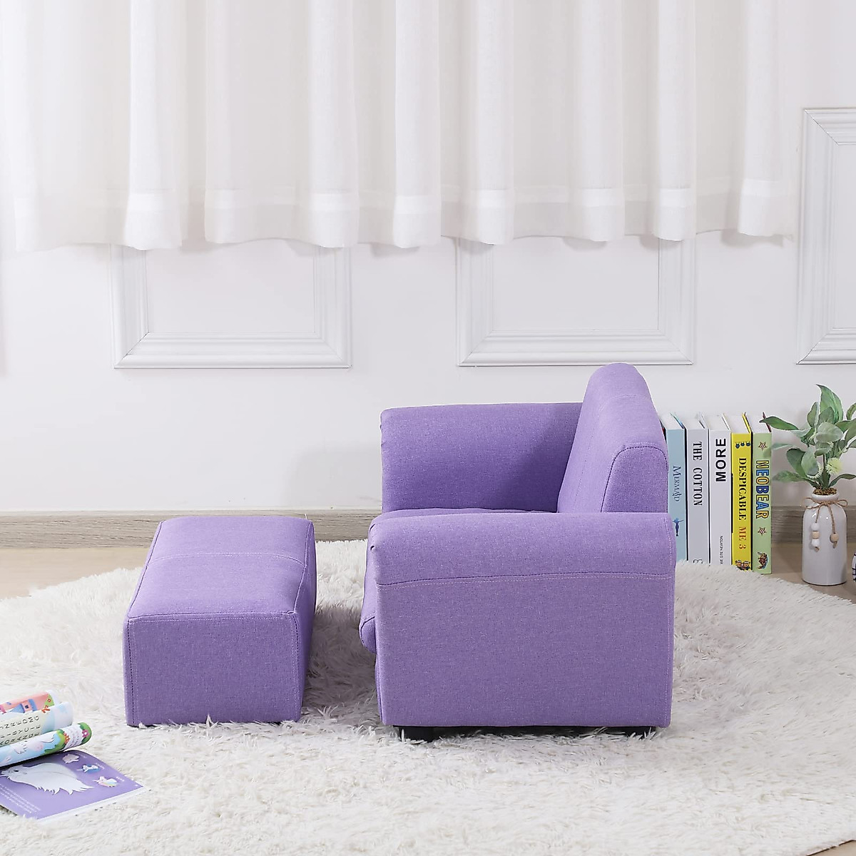 Yoonnie room 2-Seater Kid Couch with Big Ottoman,Kid Sofa Chair with Linen Fabric,Children Sofa Couch for 0-3 Age Kid Gift,Purple