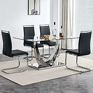 63" Modern Glass Dining Table for 4-6, Contemporary Rectangular Kitchen Dining Room Table with Tempered Glass Tabletop and Metal Pedestal Base, Large Long Dining Room Pedestal Table