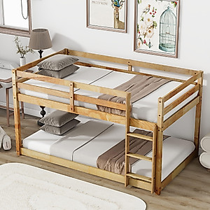 LUKEEHOM Bunk Bed Twin Over Twin, Wood Low Profile Floor Twin Bunk Beds with Ladder Guardrails for Kids Boys and Girls, No Box Spring Needed