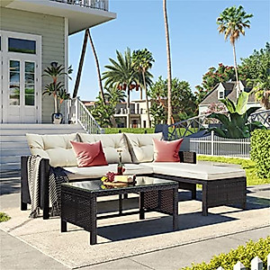 QUUL Outdoor Patio 3 Pcs Rattan Wicker Sofa Set， with Lounger Seat, Beige Cushions